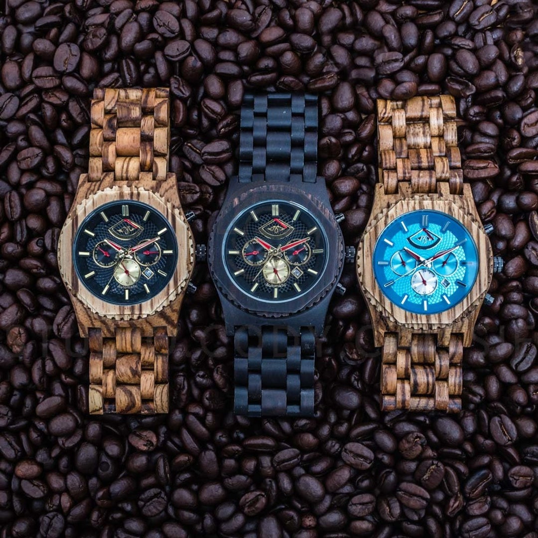 Men’s Engraved Automatic Zebrawood Watch With Red Hands, Zebrawood Band ...