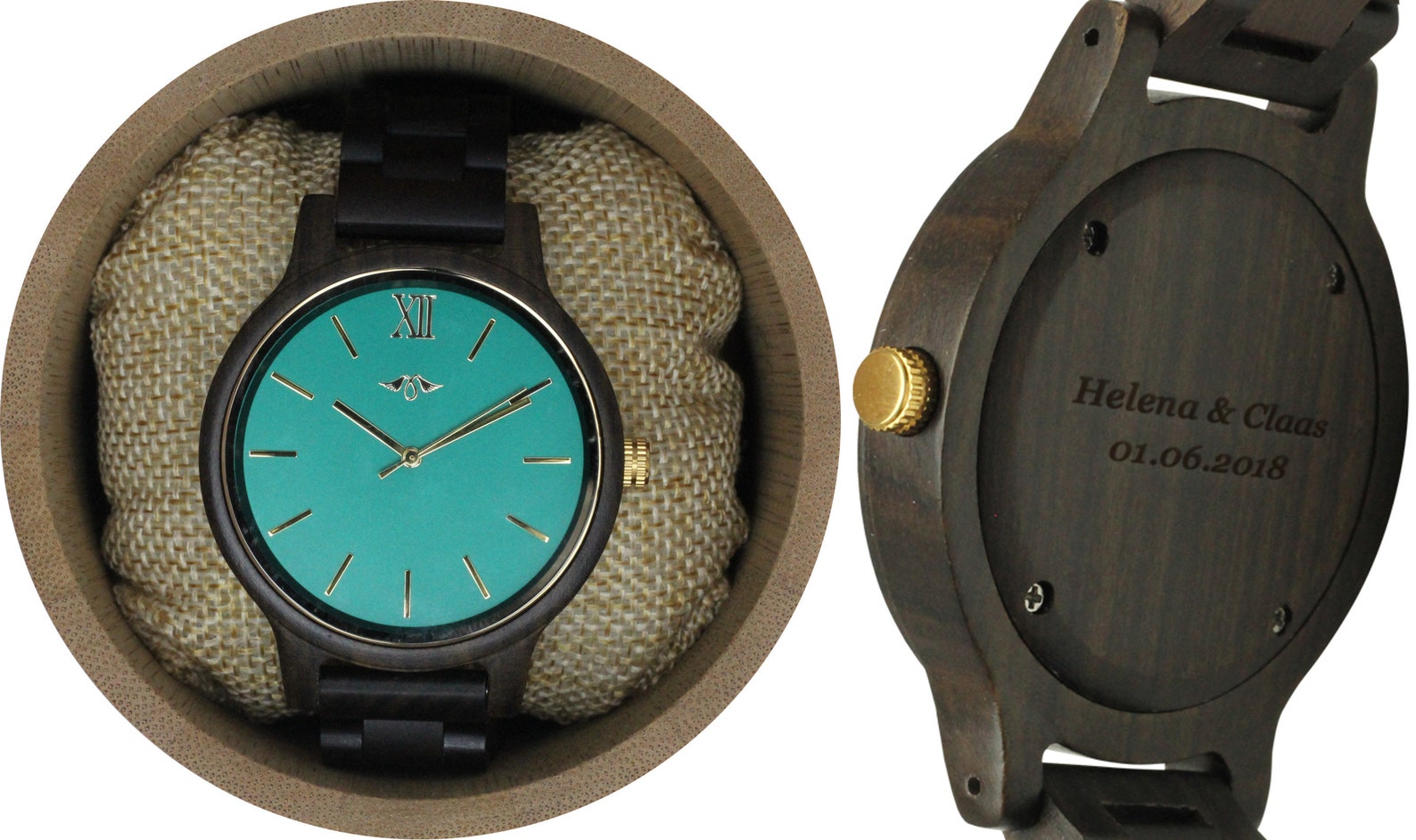Engraved Dark Sandalwood Men’s Watch With Teal Dial, Wood Watch ...