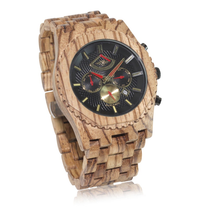 Engraved Automatic Zebrawood Men’s Watch With Red Hands and Zebrawood ...