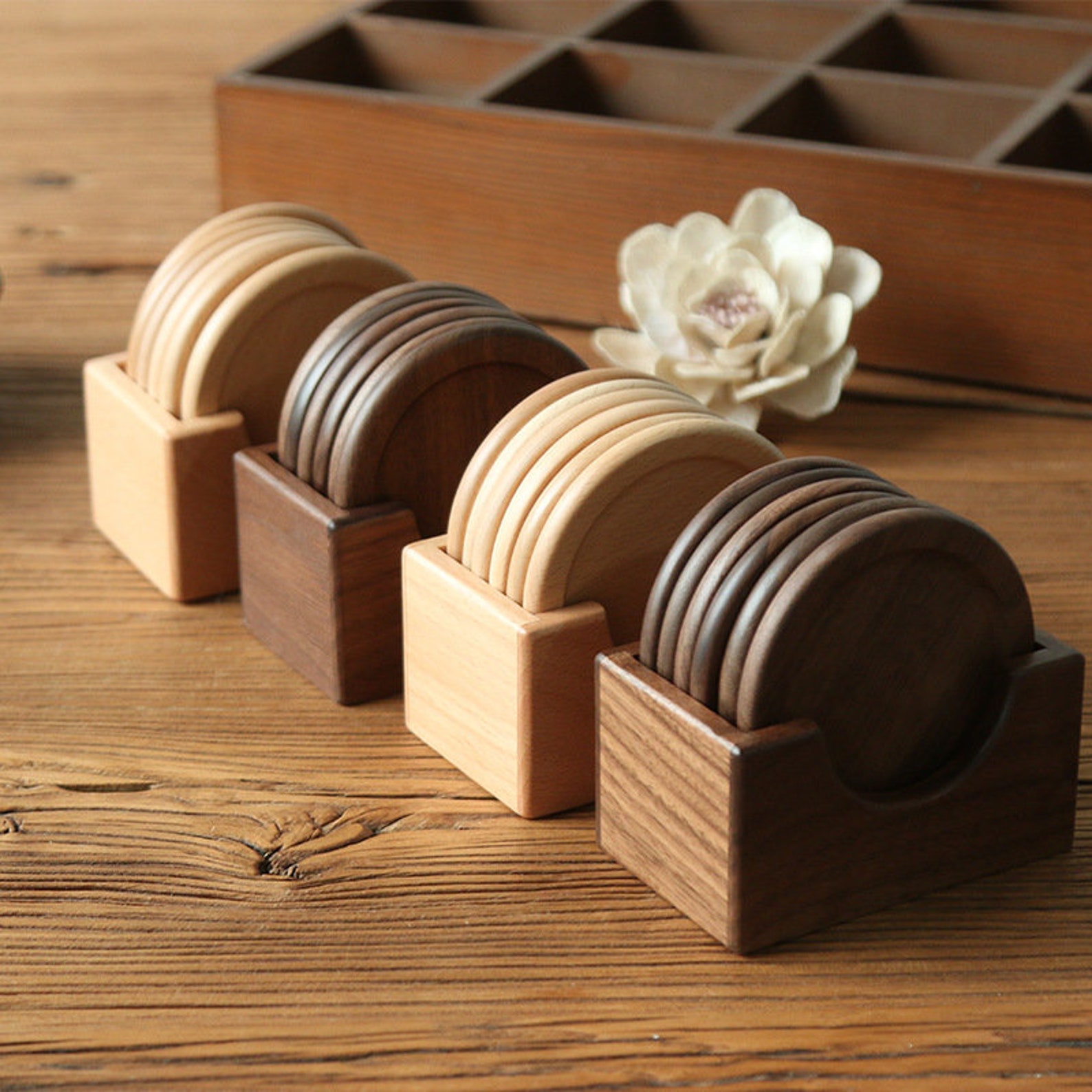 1-5 PCS Walnut Coasters With Holder Engraved Wooden - Etsy