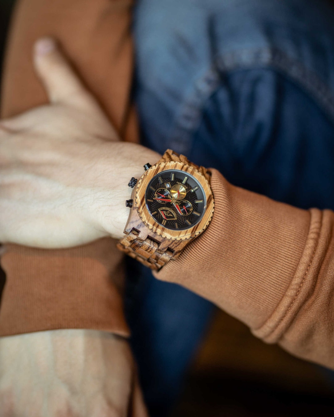 Engraved Automatic Zebrawood Men’s Watch With Red Hands and Zebrawood ...