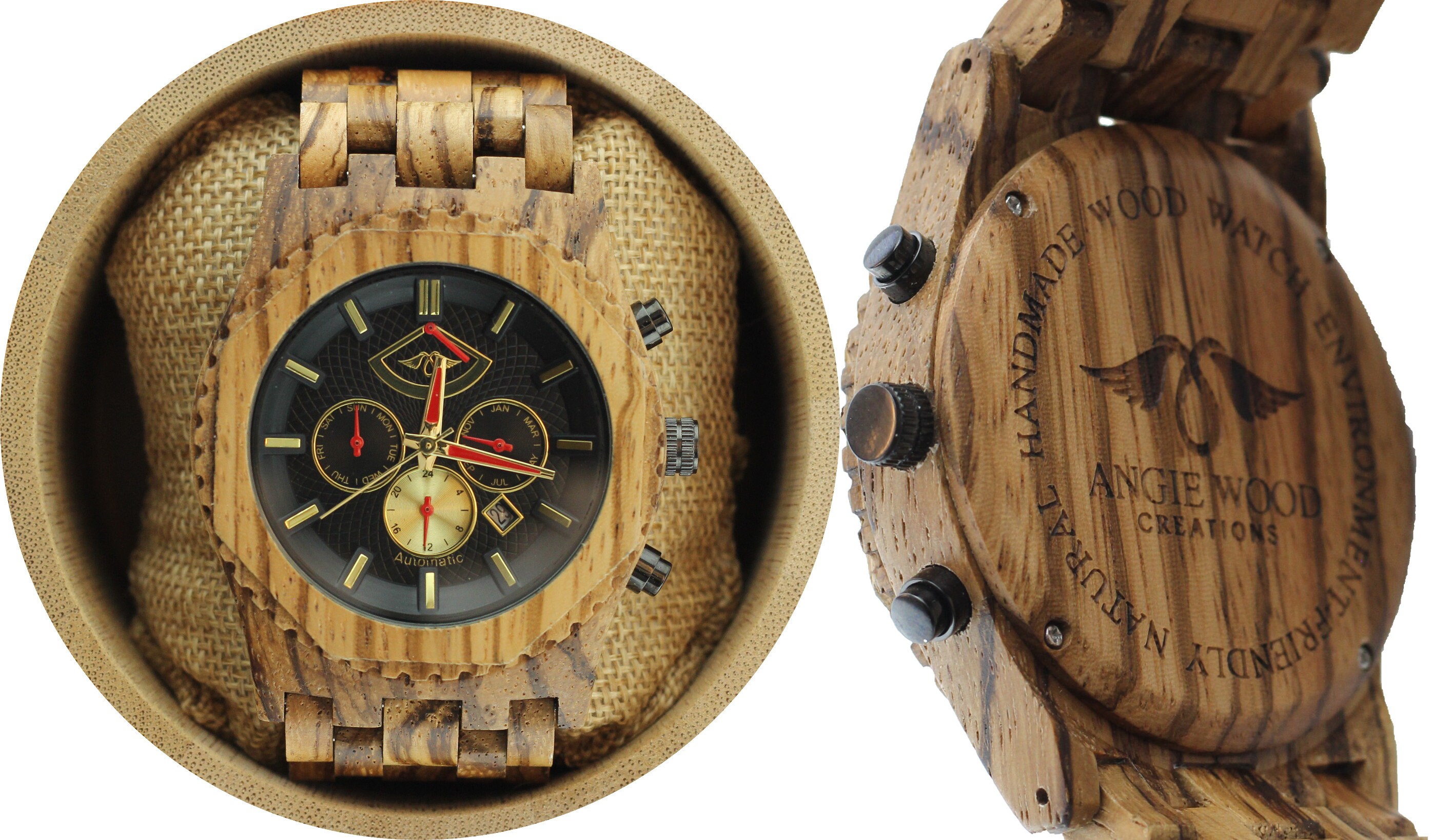 Engraved Automatic Zebrawood Men’s Watch With Red Hands and Zebrawood ...
