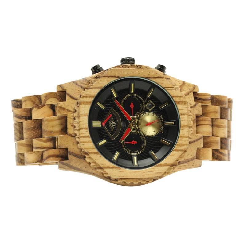 Engraved Automatic Zebrawood Men’s Watch With Red Hands and Zebrawood ...