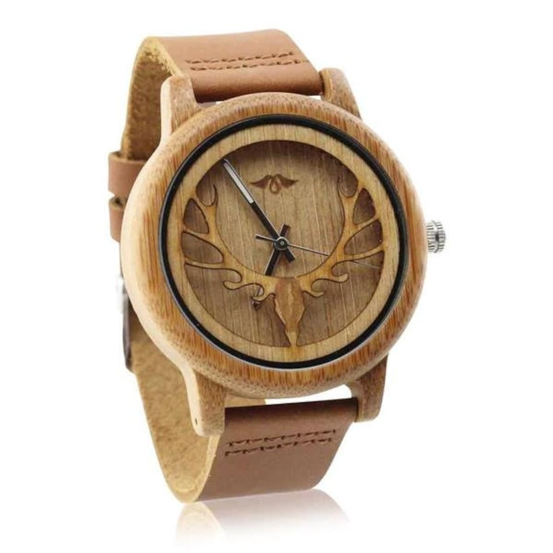 Engraved Bamboo Men’s Watch With Laser-cut Antlers,wood Watch ...