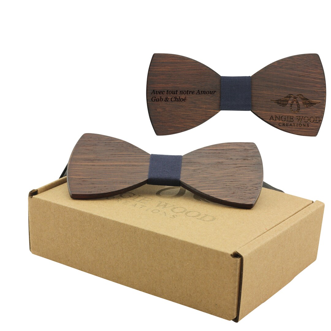 Engraved Large Round Dark Sandalwood Bow Tie With Blue Fabric (b0043 ...