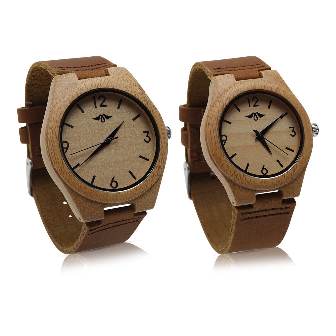 Engraved Bamboo Couple’s Watch With Brown Leather Strap,men and Women ...