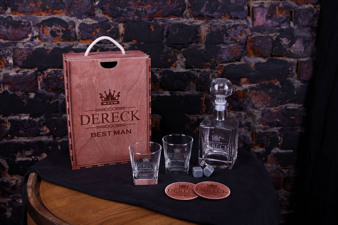 Personalized Whiskey Decanter, Set Wood Box, Groomsmen Gifts, Custom ...
