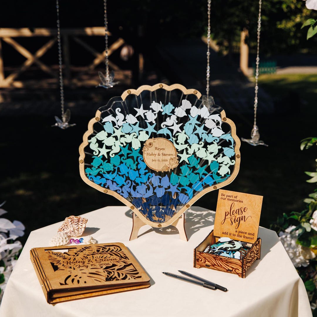 Seashell Wedding Guest Book Drop Box Personalized Wooden Keepsake for ...