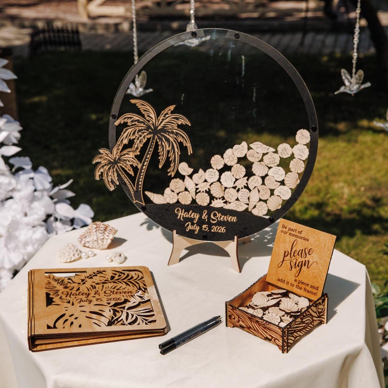 Elegant Palm Tree Wedding Guest Book Drop Box Personalized Wooden ...