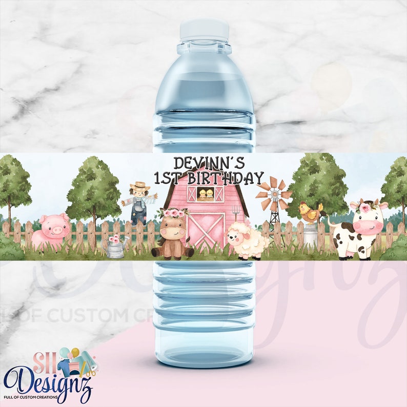 Farm Birthday Water Bottles Barnyard Pink Party Farmhouse - Etsy