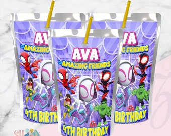 Spider Birthday Party Juice Labels , Spidey and His Amazing Friends ...