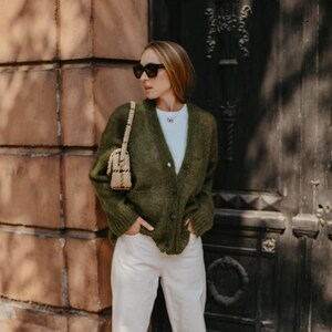 Green Cable Knit Fluffy Mohair Wool Buttoned Cardigan With Pockets,moss ...