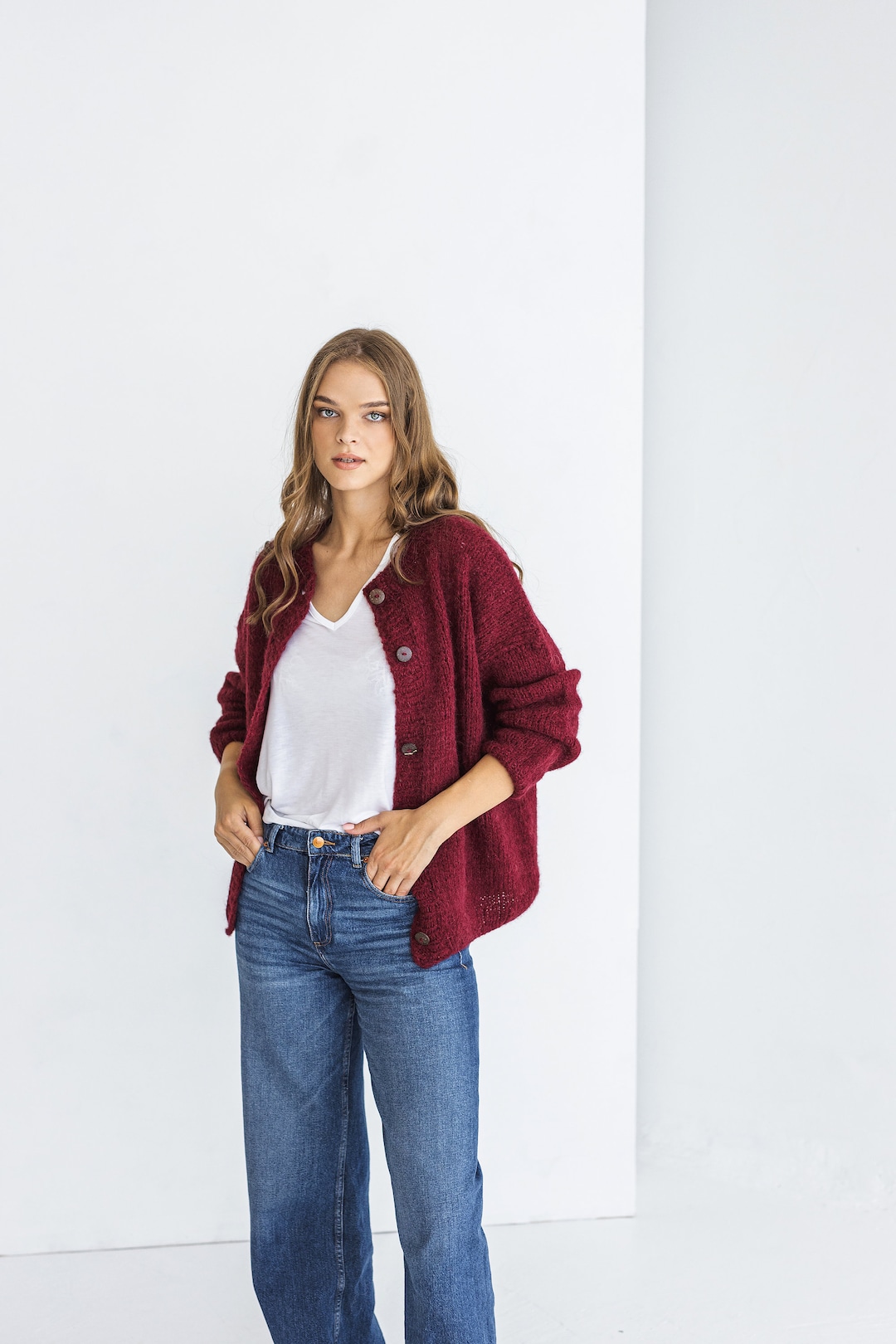 Bordeaux Alpaca Wool Cardigan With Buttons, Burgundy Red Cable Knit ...