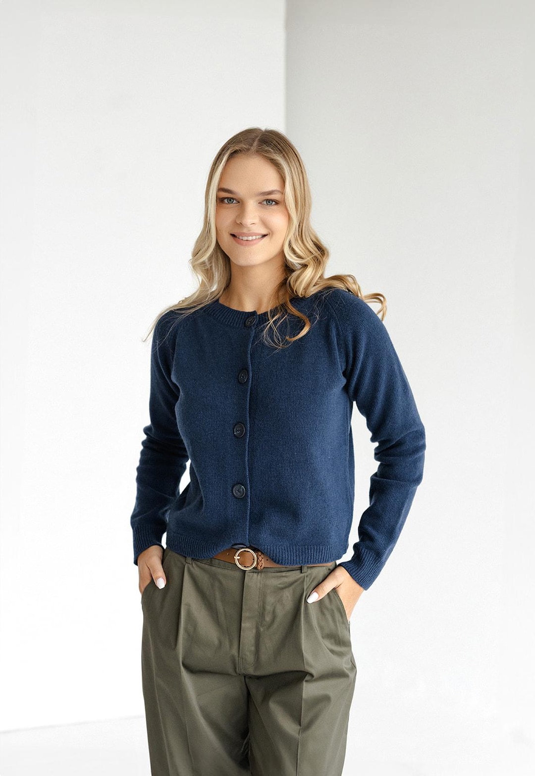 Short Royal Blue Knitted Merino Wool and Cashmere Cardigan With Buttons ...
