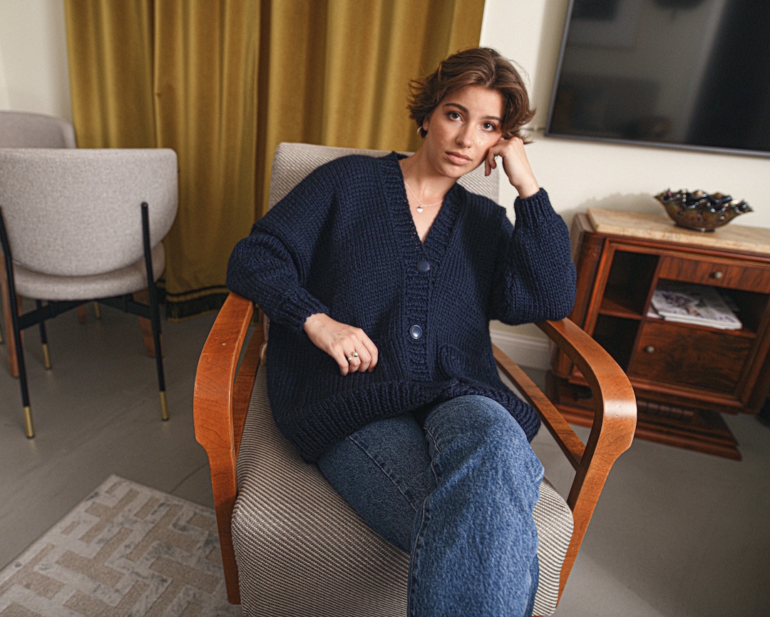 Navy Blue Wool Cardigan With Buttons and Deep Pockets, Chunky Knit ...