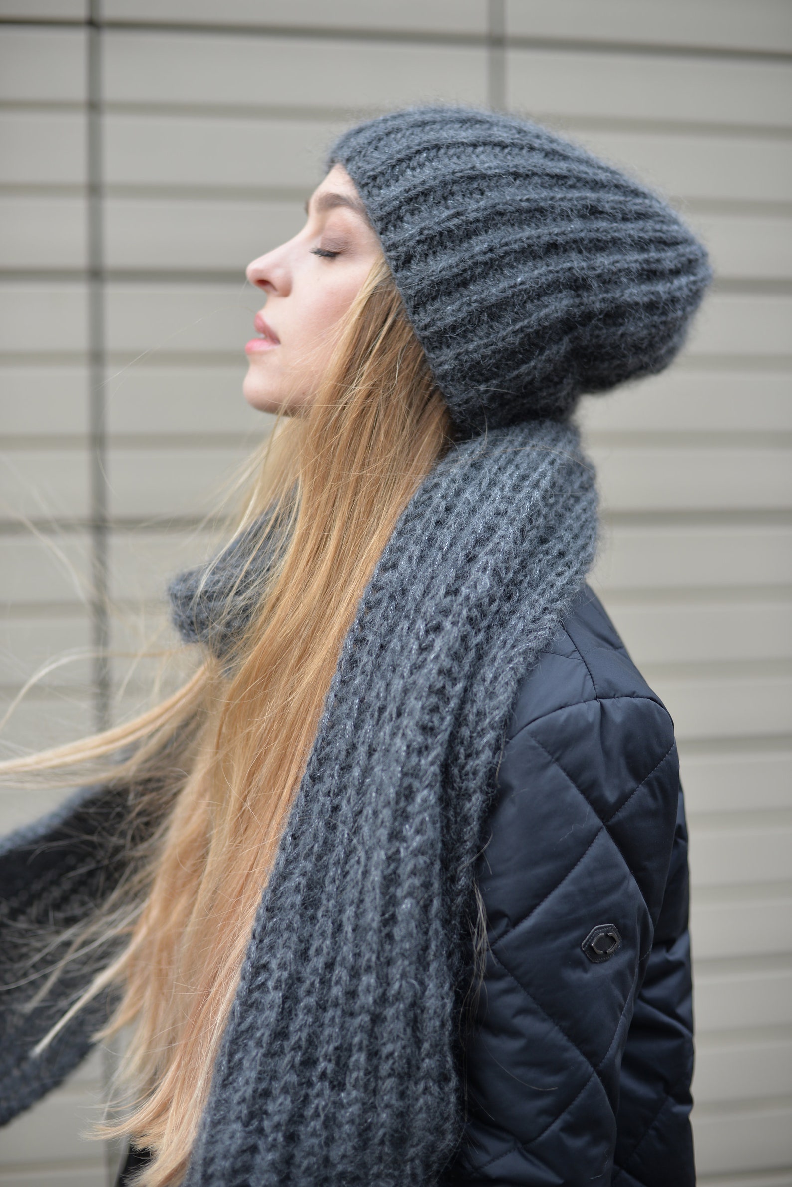 Gray Knit Hat and Scarf Set Fuzzy Mohair Scarf Fluffy Mohair - Etsy