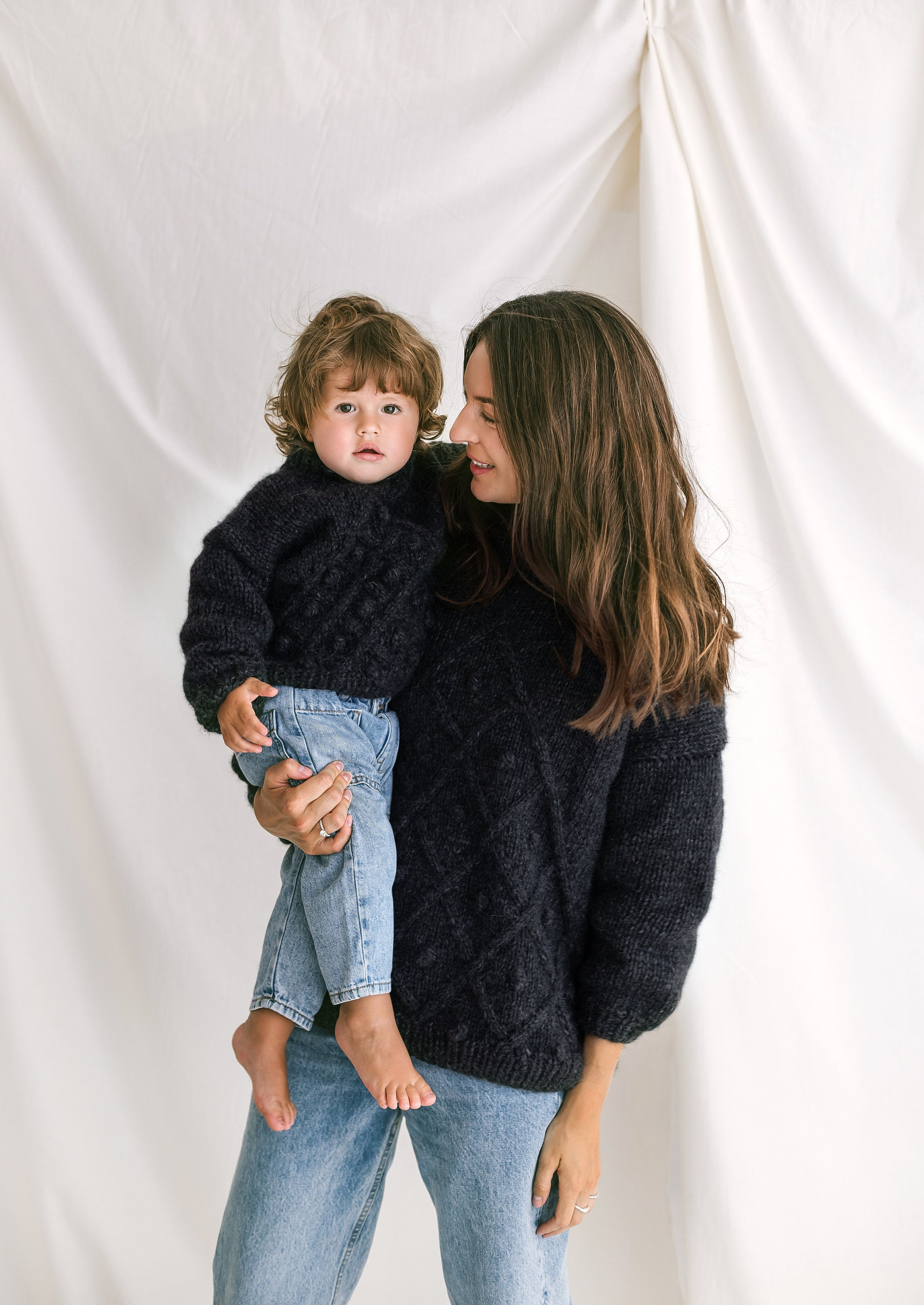 Matching Mother and Son Handmade Sweaters, Dark Gray Mommy and Me Cable ...