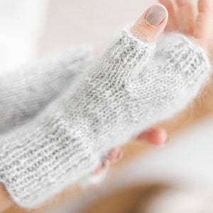 Brown Mohair Cable Knit Fingerless Mittens, Camel Taupe Women Knitted Gloves, Handmade Alpaca ...