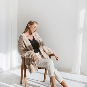 Beige Oversized Alpaca Cardigan With Buttons, Chunky Cable Knit ...