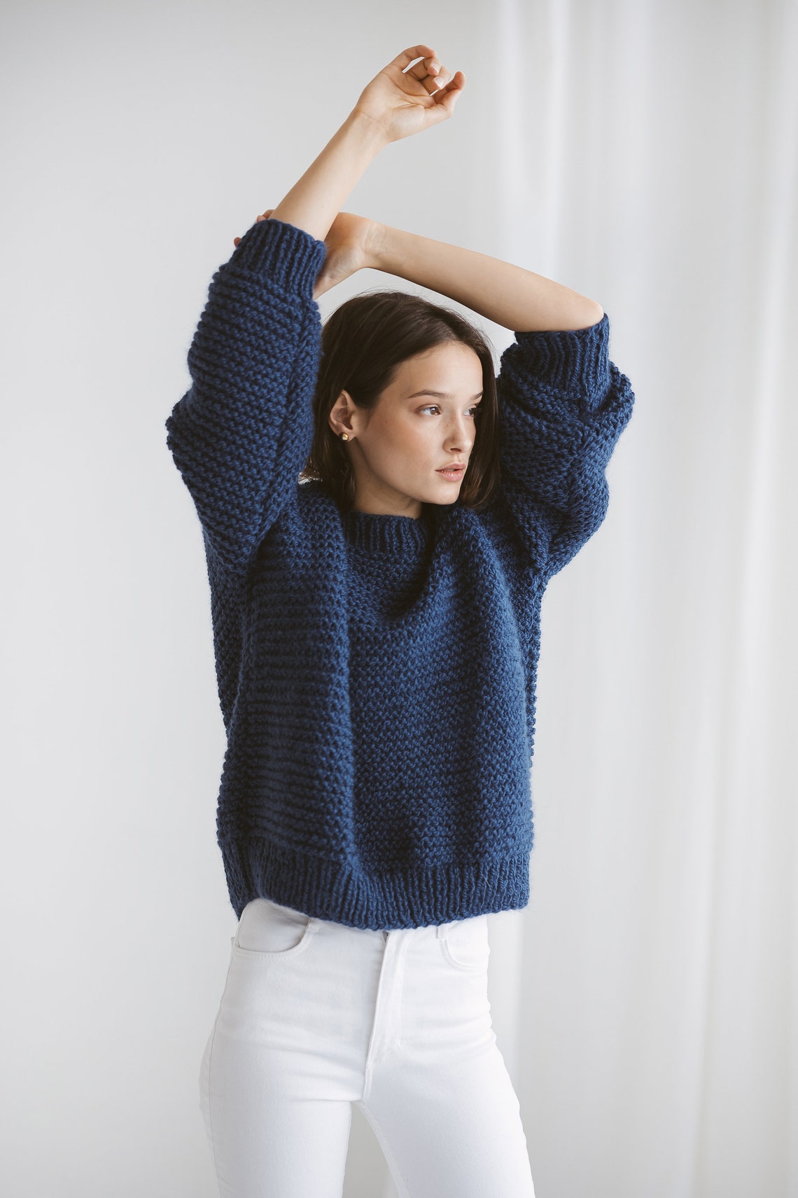 Blue Oversize Alpaca Sweater, Chunky Royal Blue Wool Sweater, Crew Neck ...