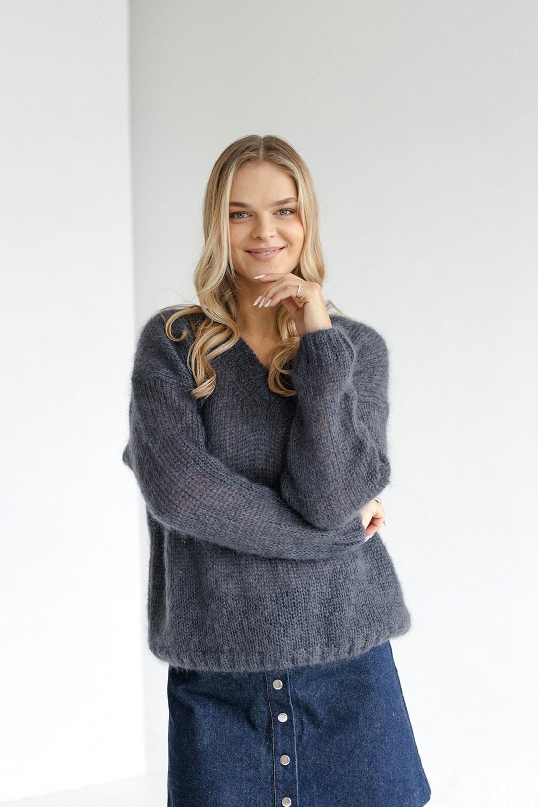 Gray Cable Knit Fluffy Mohair Wool Oversized Women's Pullover, Deep V ...