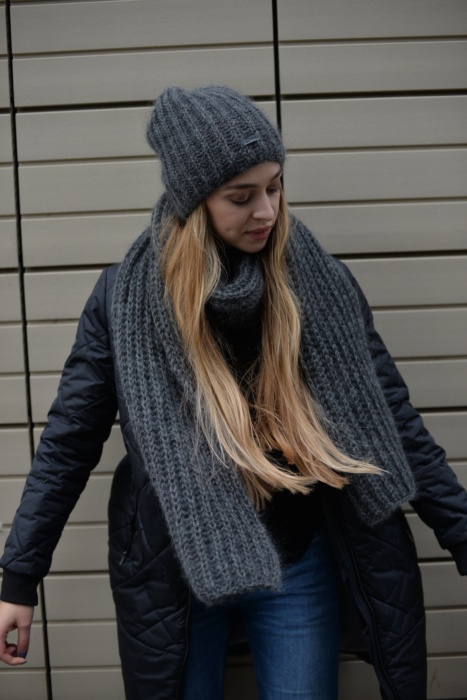 Gray knit hat and scarf set fuzzy mohair scarf fluffy mohair | Etsy