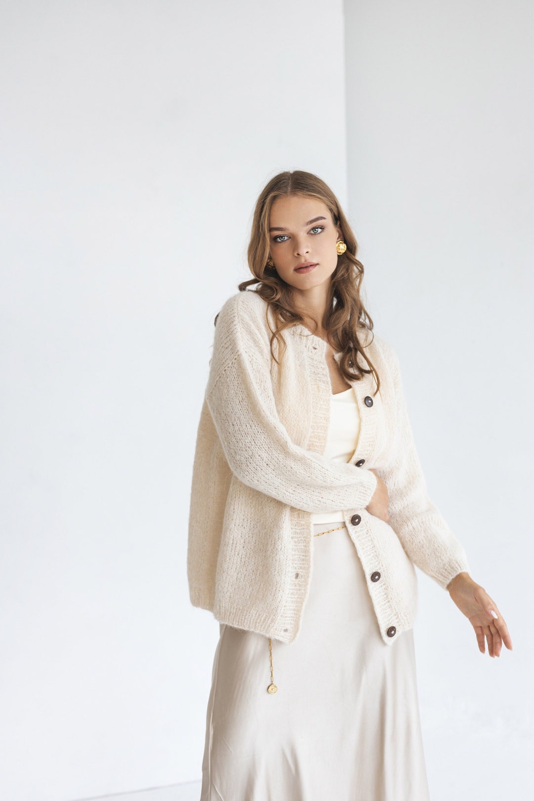 White Alpaca Wool Cardigan With Buttons, Cable Knit Lightweight Sweater ...