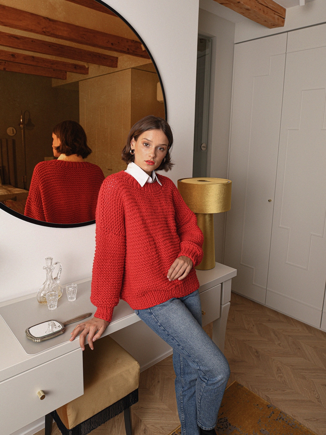 Red Oversize Alpaca Sweater, Chunky Scarlet Red Wool Jumper, Crew Neck ...