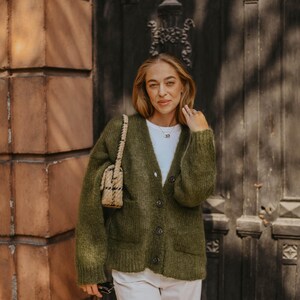 Green Cable Knit Fluffy Mohair Wool Buttoned Cardigan With Pockets,moss ...