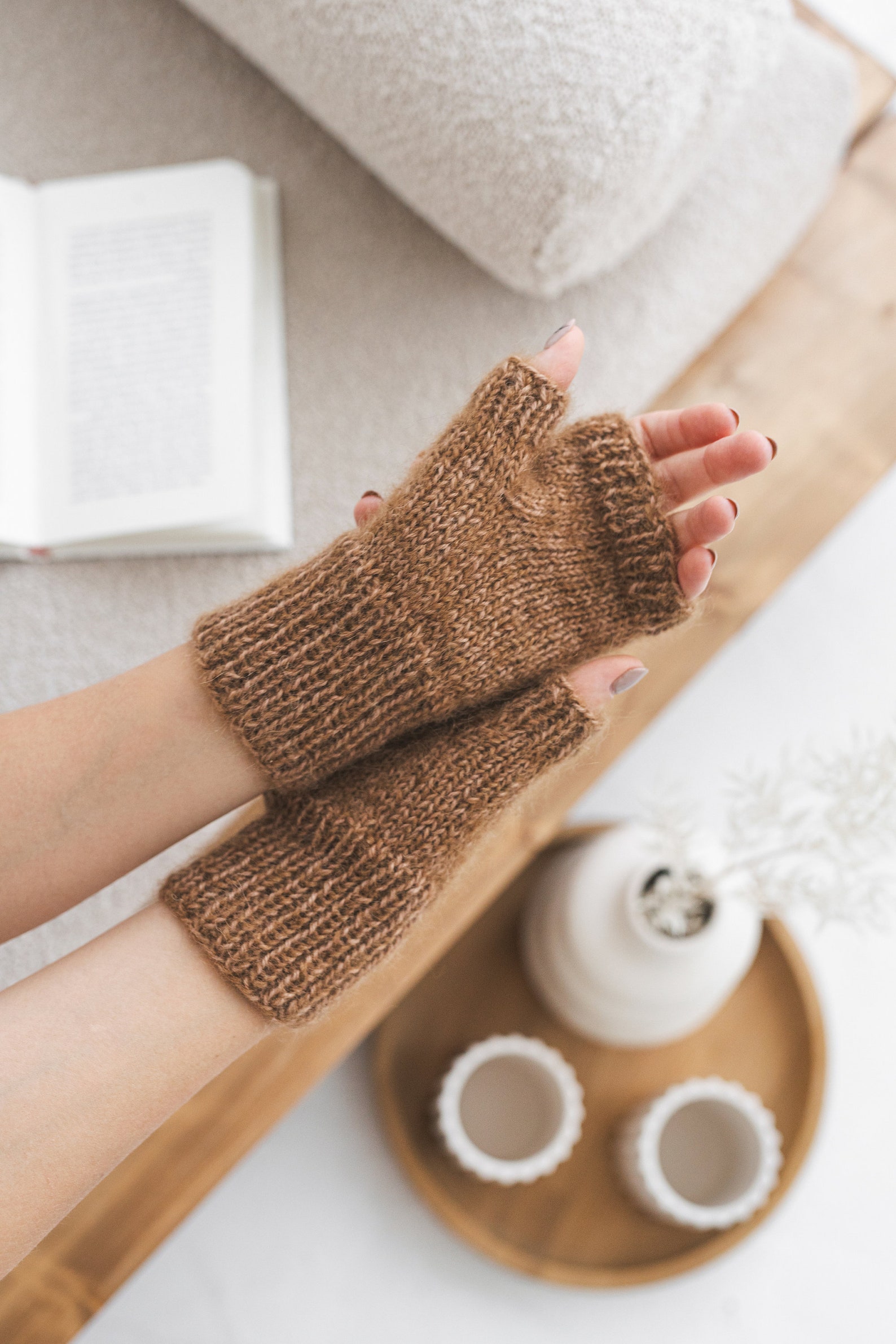 Brown Mohair Cable Knit Fingerless Mittens, Camel Taupe Women Knitted ...