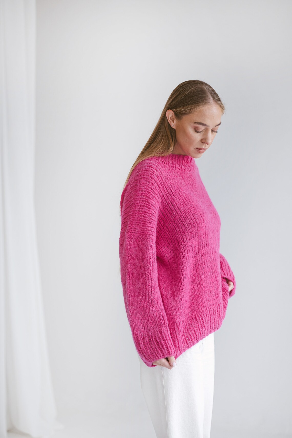 Pink Oversized Sweater, Cerise Red Knitted Jumper, Rose Pink Cable Knit ...