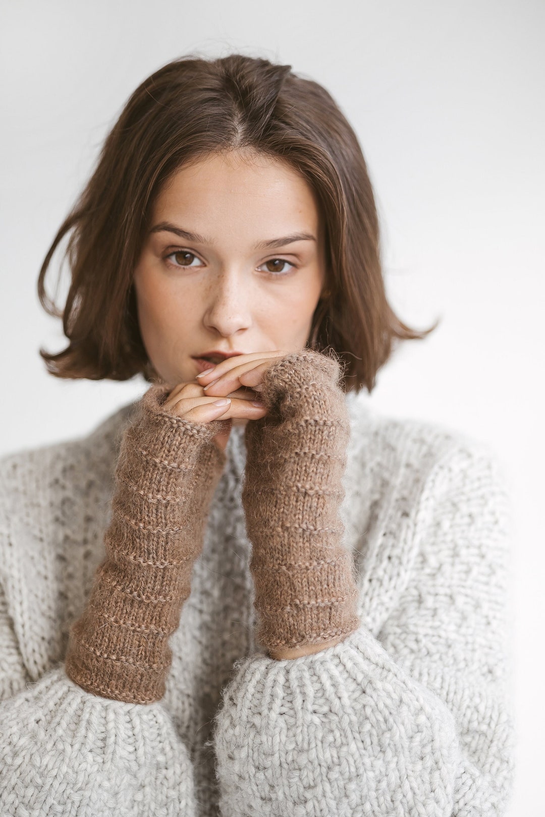 Almond Color Mohair Fingerless Gloves, Beige Women Knit Mittens, Nude ...