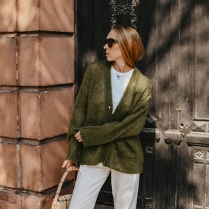 Green Cable Knit Fluffy Mohair Wool Buttoned Cardigan With Pockets,moss ...