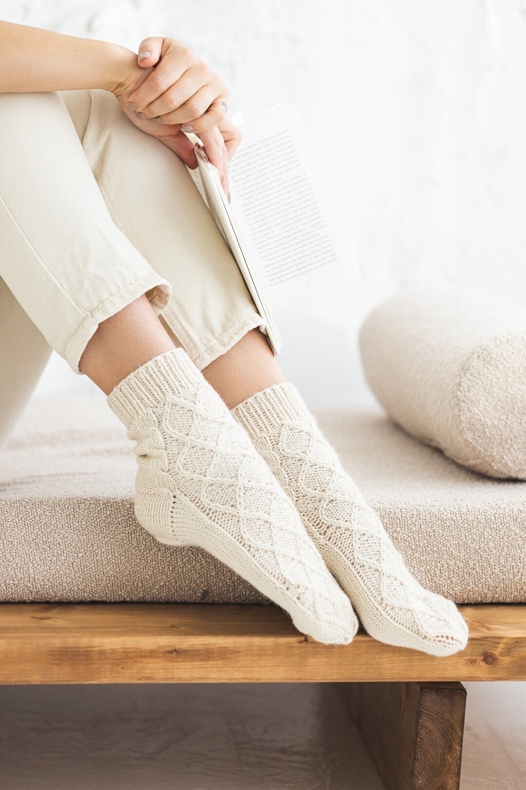 Handmade Alpaca and Wool Socks, Women's Cable Knit White Boots Socks ...