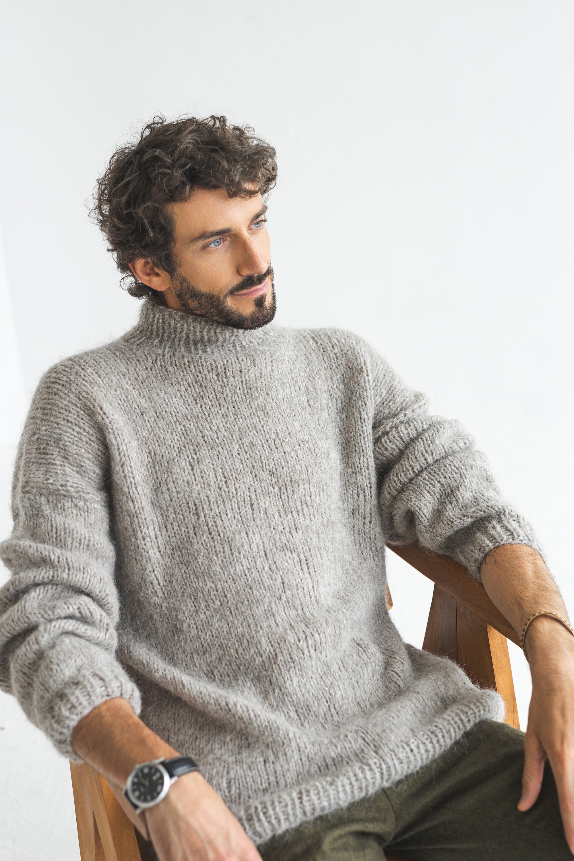 Chunky Knit Light Gray Alpaca Wool Sweater for Men, Grey Cable Knitted ...