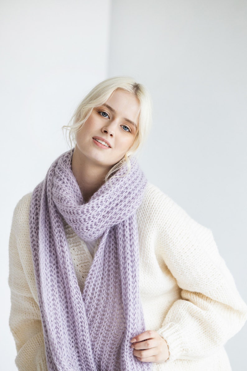 Light Purple Cable Knit Thick Mohair Scarf, Chunky Knitted Oversized ...