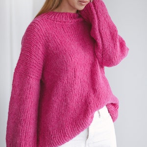 Pink Oversized Sweater, Cerise Red Knitted Jumper, Rose Pink Cable Knit ...