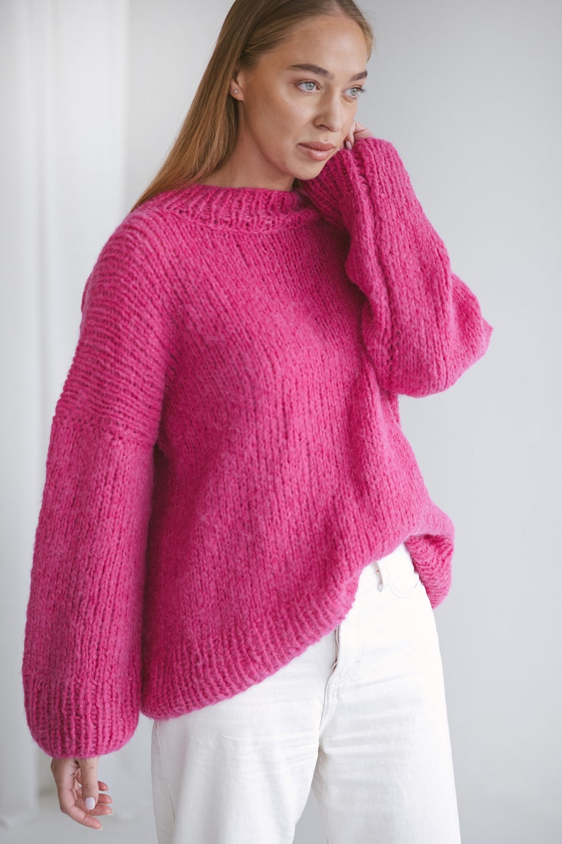 Pink Oversized Sweater, Cerise Red Knitted Jumper, Rose Pink Cable Knit ...