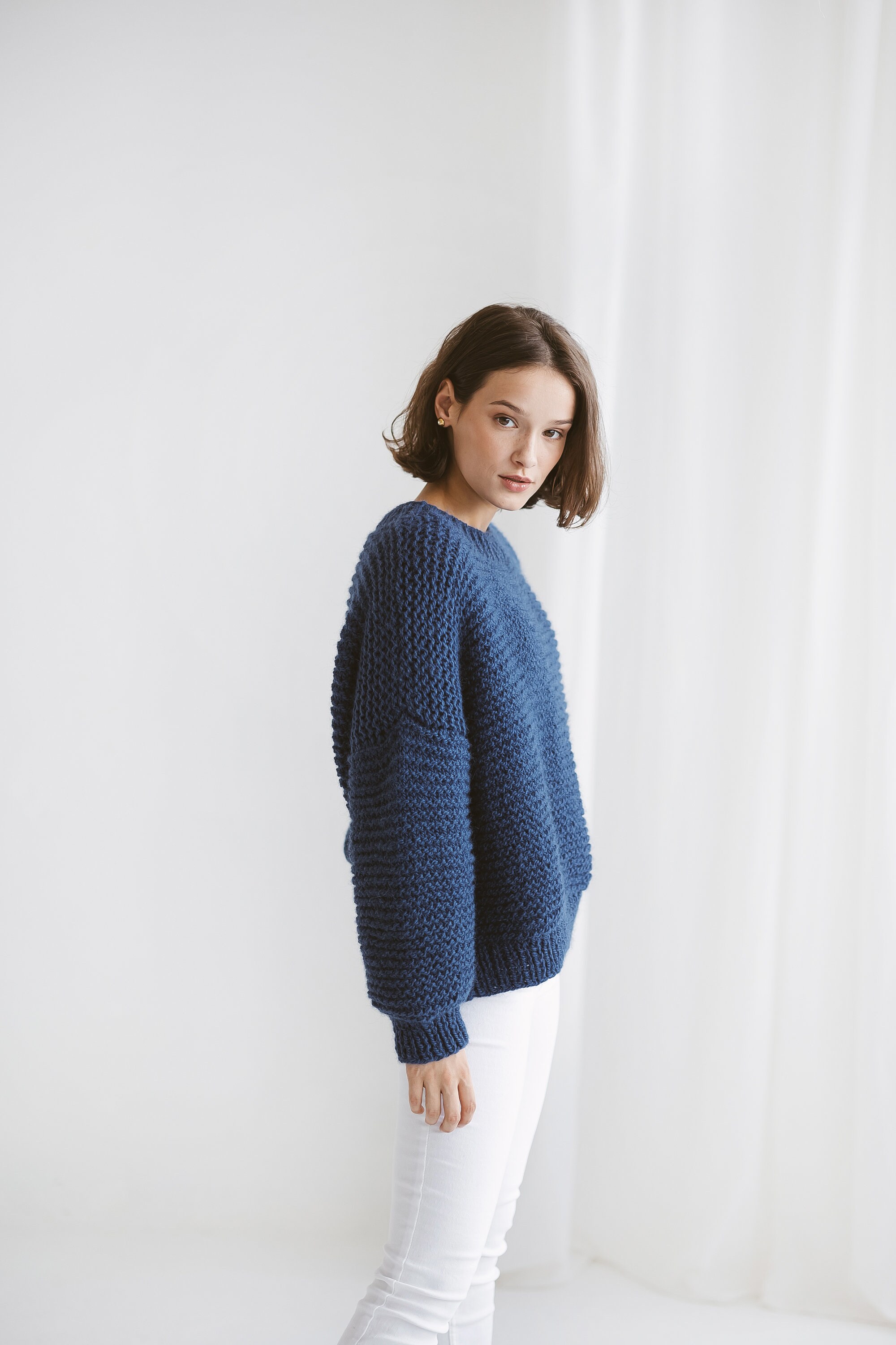 Blue Oversize Alpaca Sweater, Chunky Royal Blue Wool Sweater, Crew Neck ...