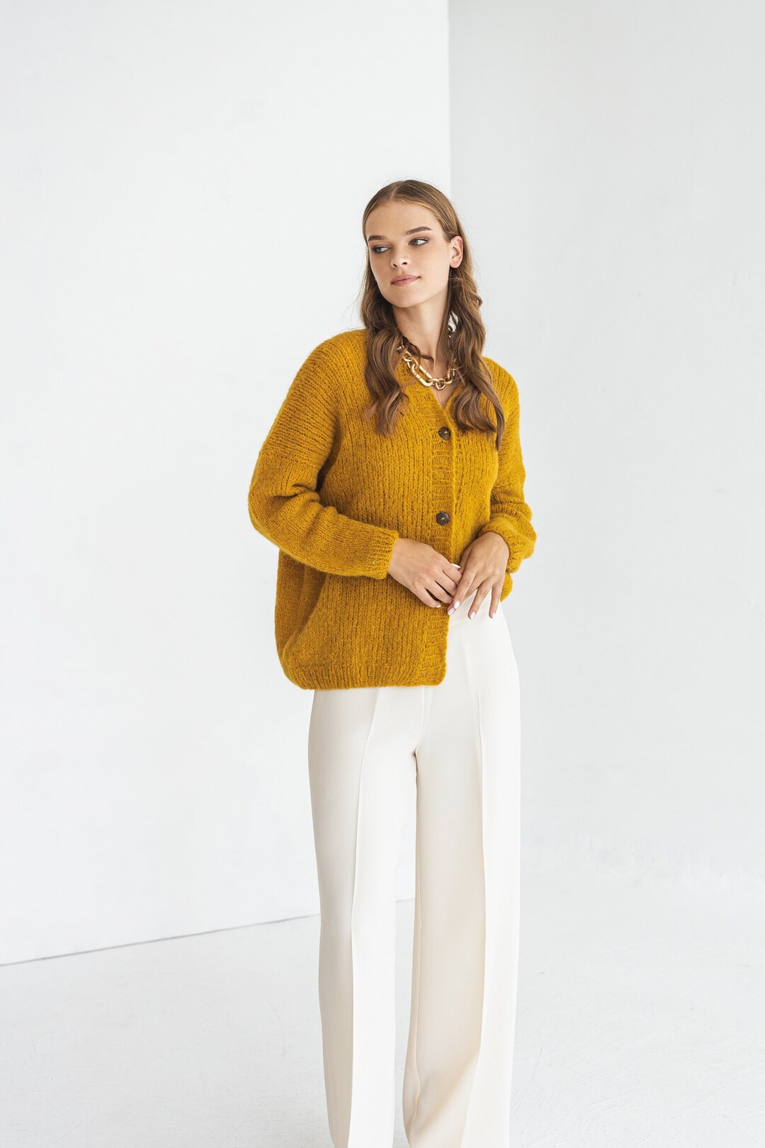 Mustard Yellow Alpaca Wool Cardigan With Buttons, Curry Cable Knit ...