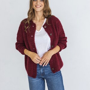 Bordeaux Alpaca Wool Cardigan With Buttons, Burgundy Red Cable Knit ...