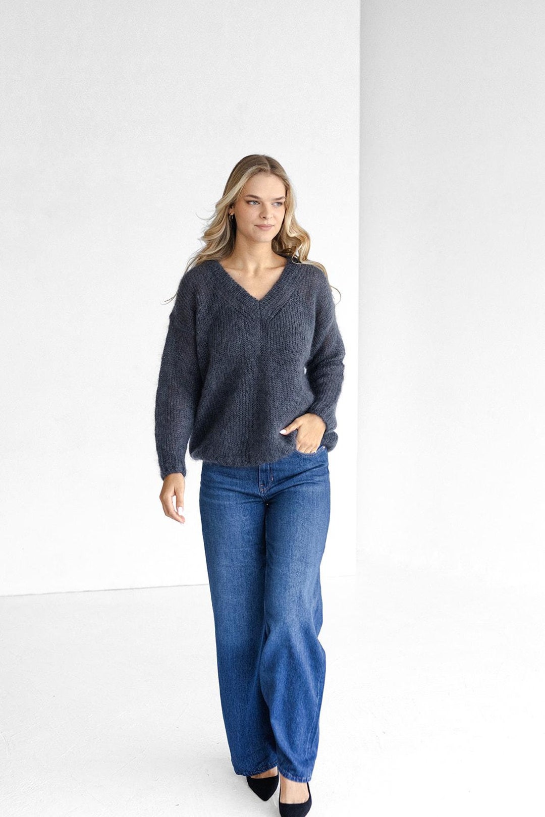 Gray Cable Knit Fluffy Mohair Wool Oversized Women's Pullover, Deep V ...