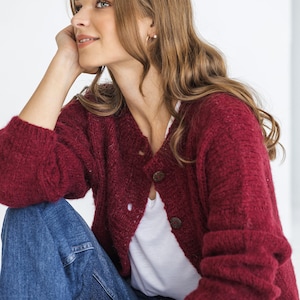 Bordeaux Alpaca Wool Cardigan With Buttons, Burgundy Red Cable Knit ...