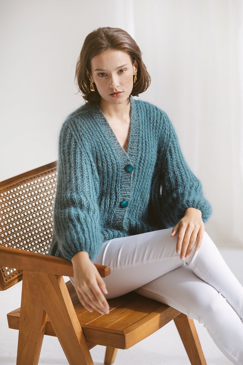 Teal Green Mohair Cardigan With Buttons Fuzzy Turquoise Blue - Etsy