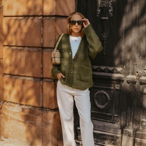 Green Cable Knit Fluffy Mohair Wool Buttoned Cardigan With Pockets,moss ...