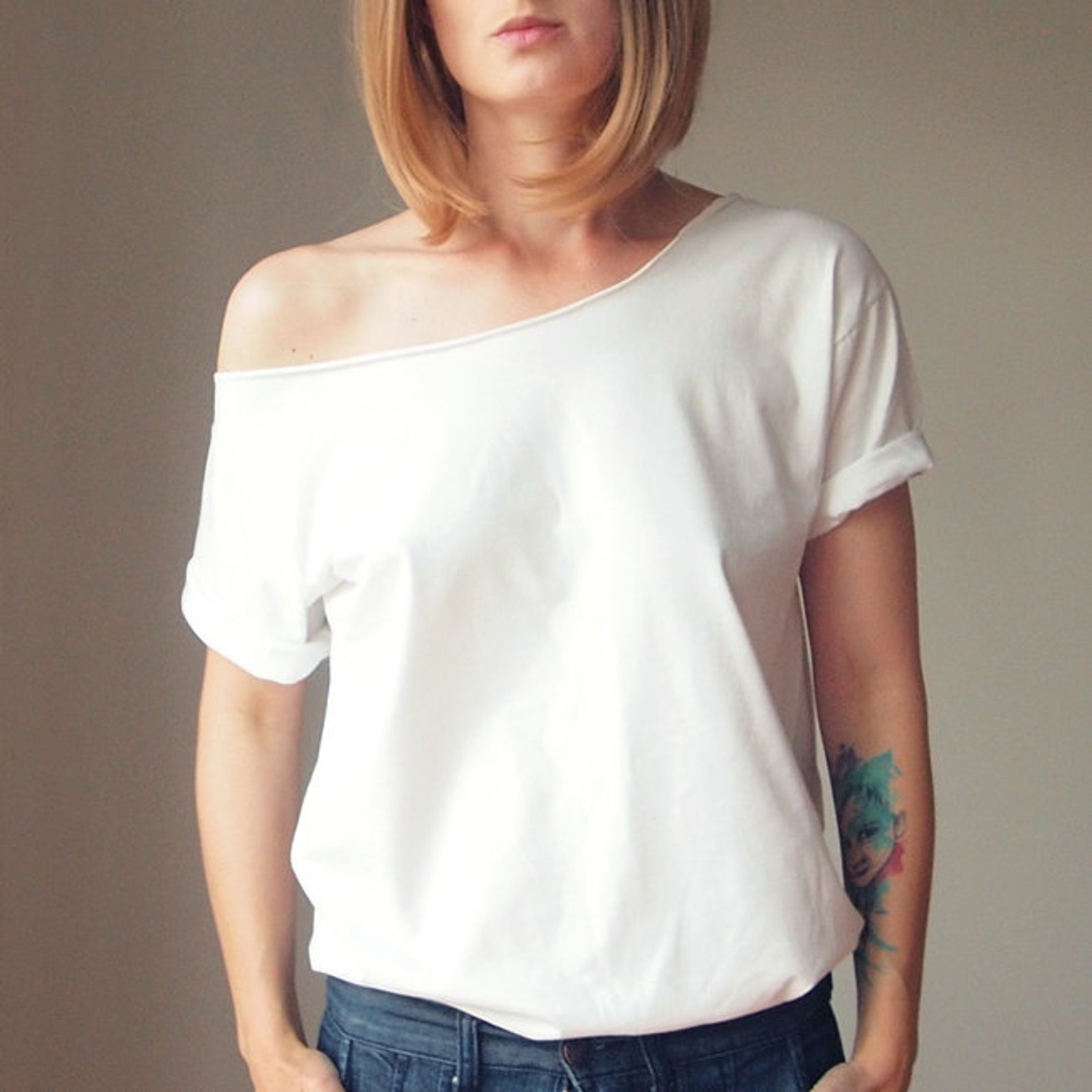 White Oversize S-XXL Asymmetrical Tshirt T-shirt Sloping Neckline ...