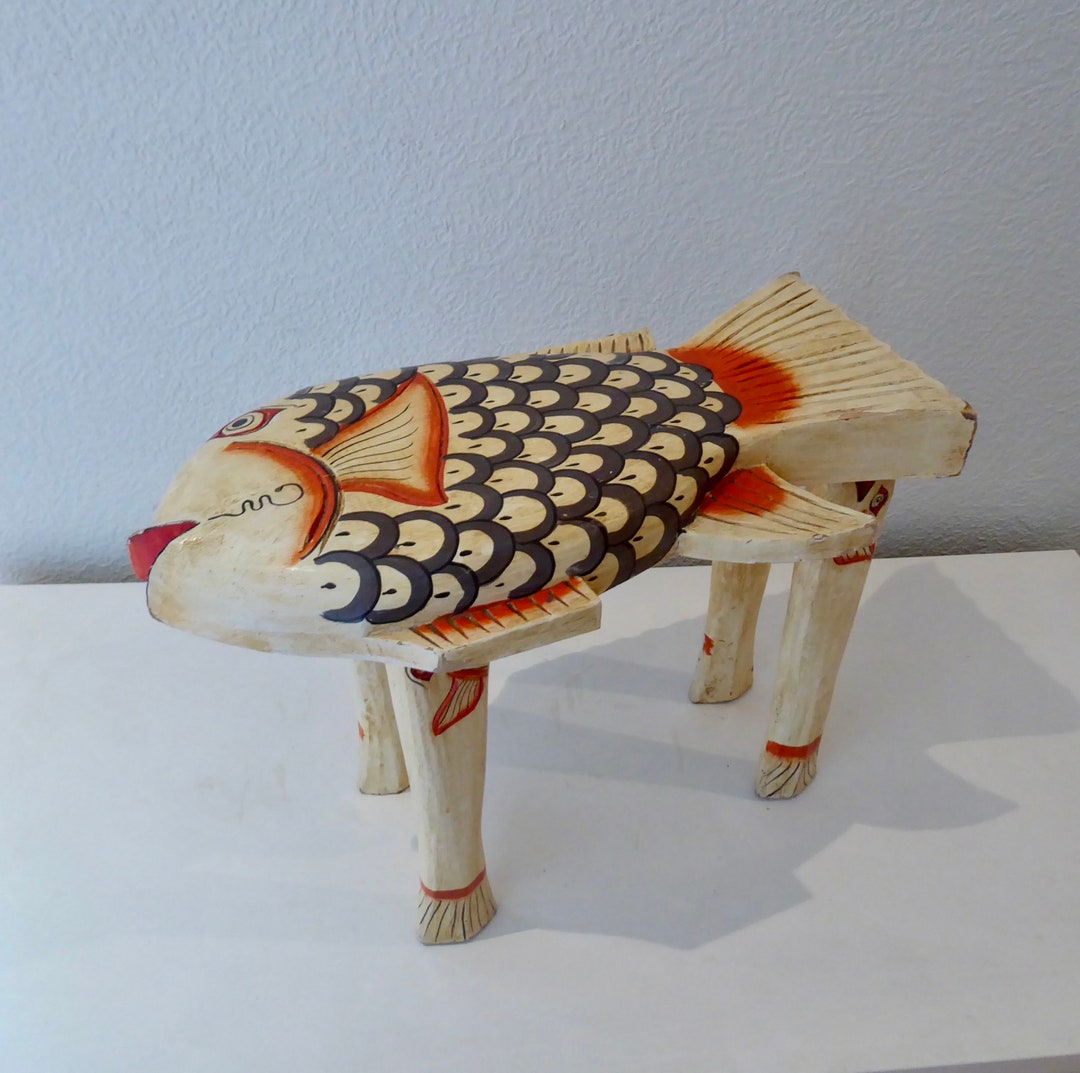 Old Wooden Stool Side Table Fish Art Object Indonesia Handmade - Etsy