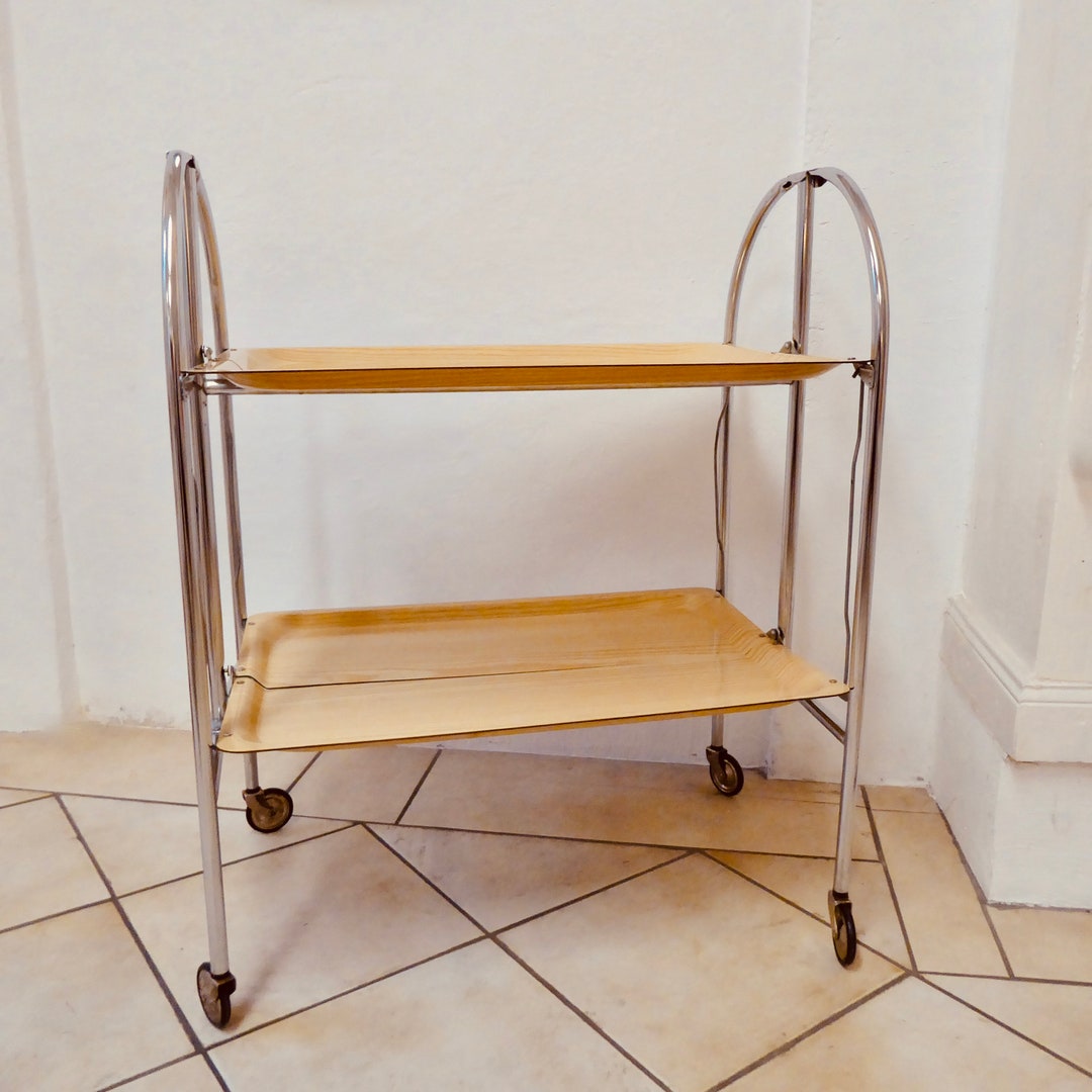 Folding Serving Side Table Tea Roll Bar Cart Dinette Cream Silver 60s ...