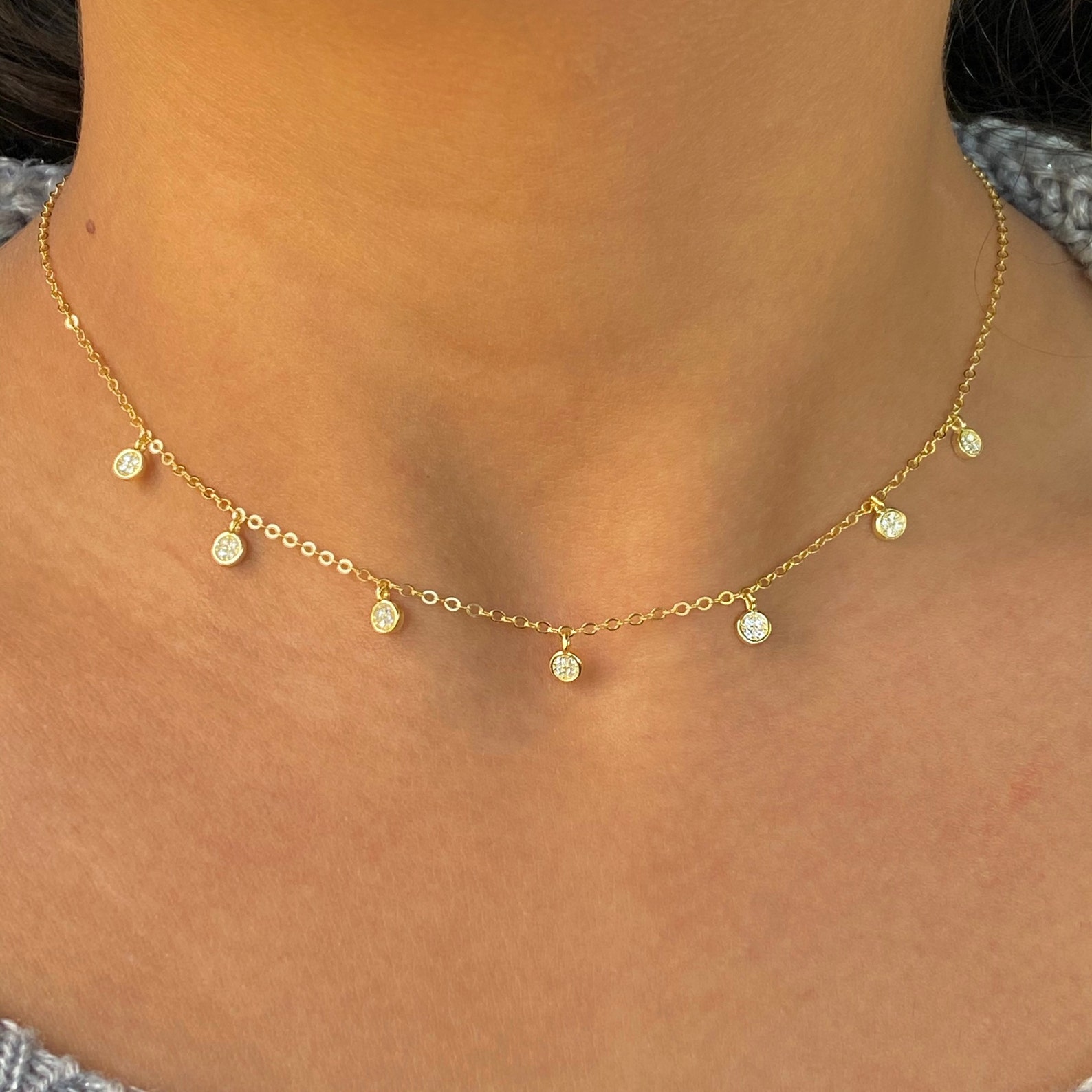 Tiny Diamond Necklace Dainty Dangle Necklace Gold Circle | Etsy