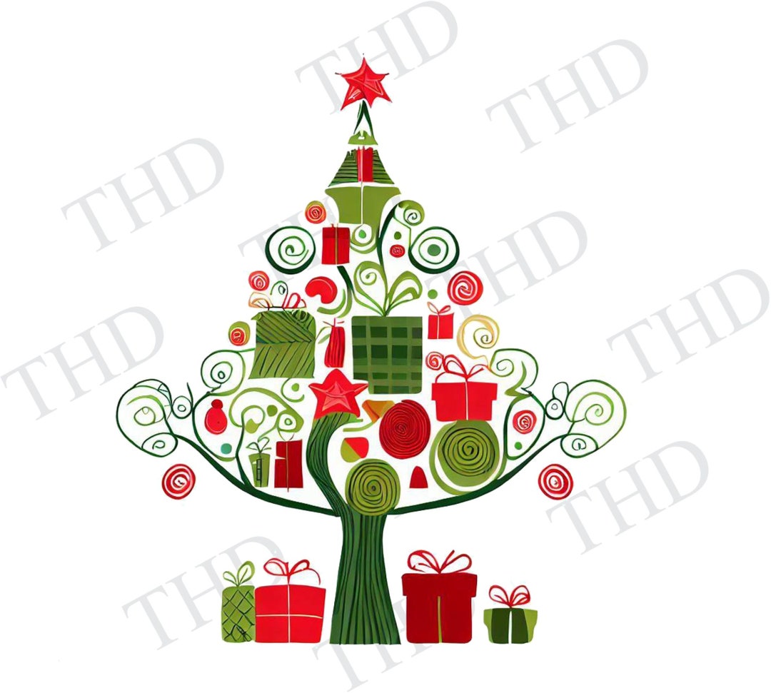 Whimsical Red and Green Christmas Tree With Packages, Holidays ...